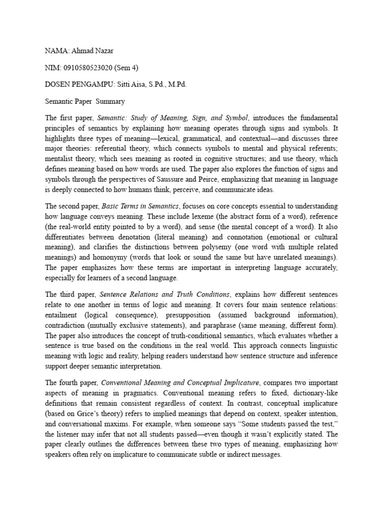 Ahmad Nazar Summary | PDF | Semantics | Interpretation (Philosophy)