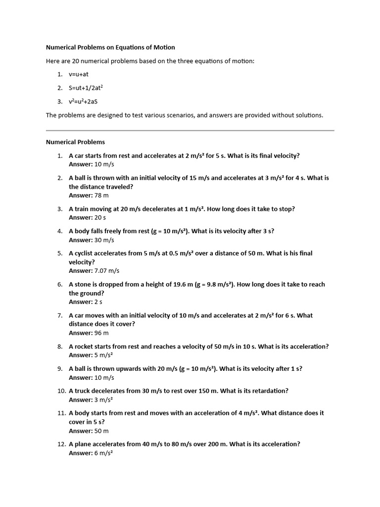 20 Numerical Problems on Motion Equations | PDF | Acceleration | Motion ...