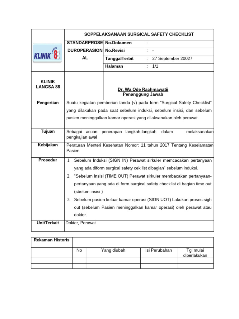 Sop Pelaksanaan Surgical Safety Checklist-Final | PDF