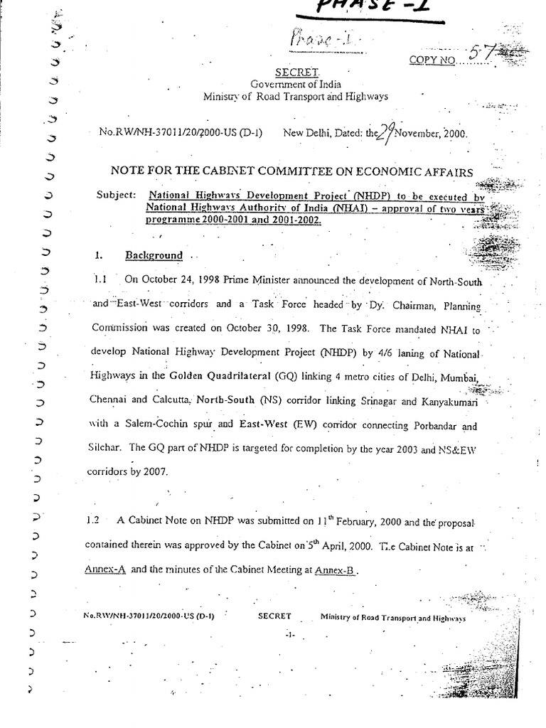 NHAI Cabinet approval-NHDP Phase-I To VII | PDF