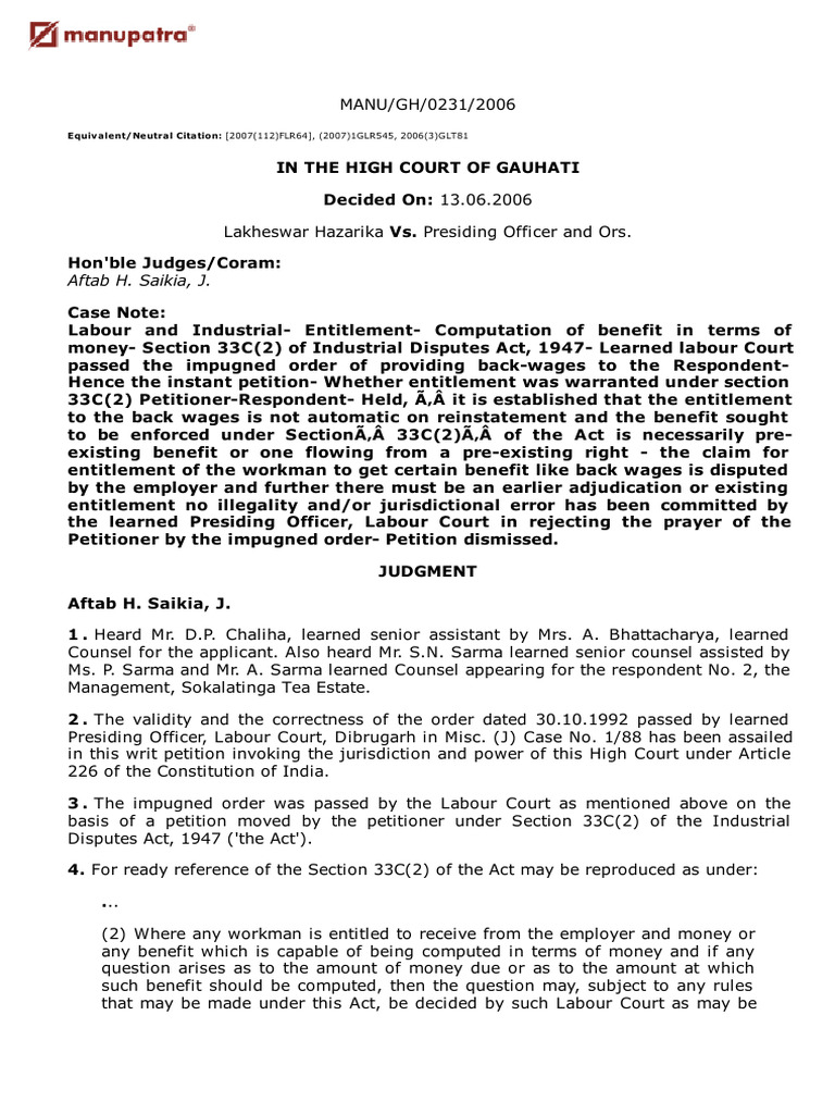 Lakheswar Hazarika Vs Presiding Officer and Ors 130060224COM934211 ...