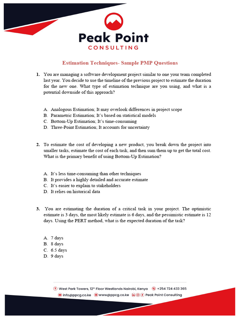 Estimation Techniques- Sample PMP Questions | PDF | Applied Mathematics