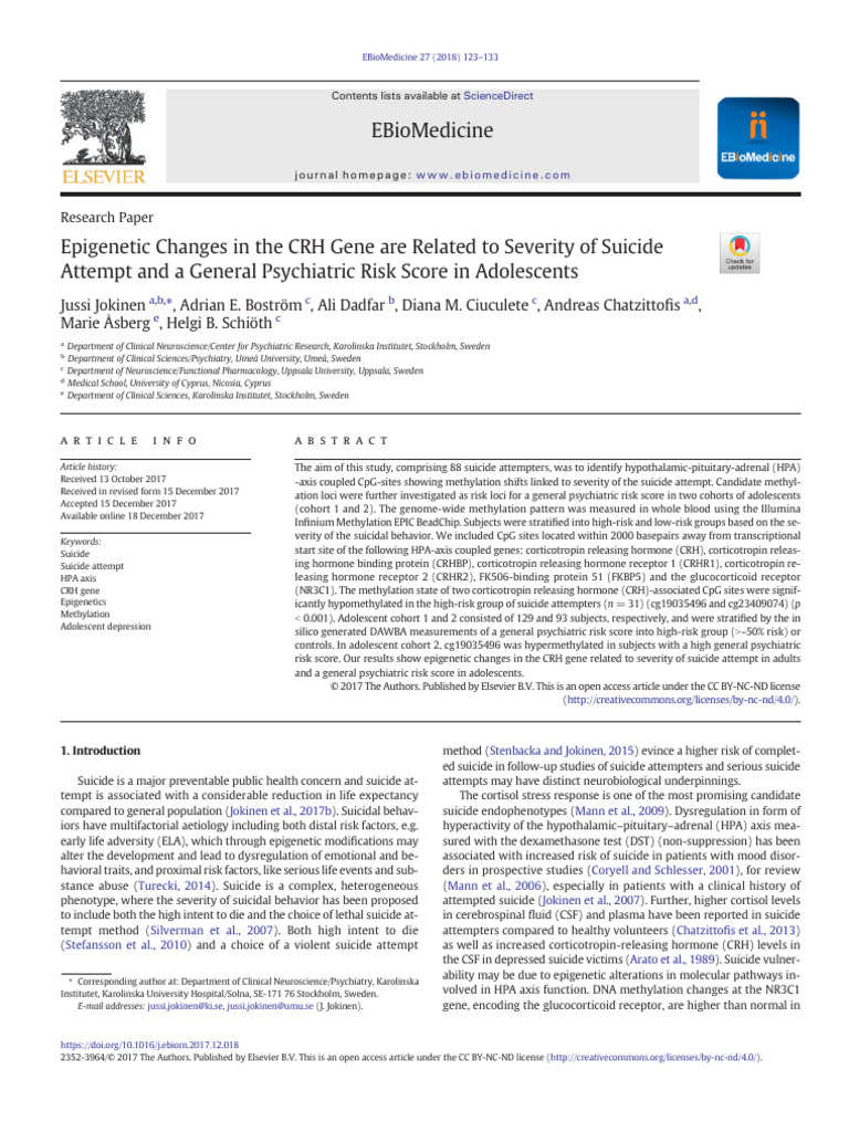 Epigenetic Changes in The CRH Gene Are Related To Severity of Suicide ...