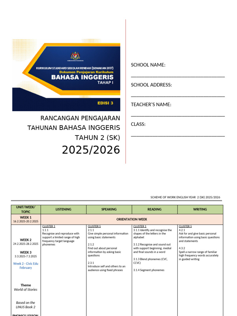 Sow English Year 2 Dpk Sk 2025 2026 by Rozayusacademy Kump b | PDF ...