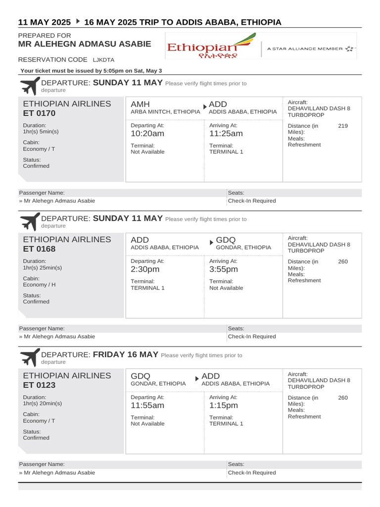 Travel Reservation May 11 for Mr Alehegn Admasu Asabie | PDF | Ethiopia | Aviation