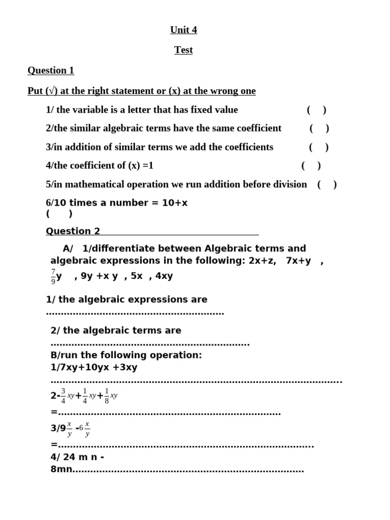 Work Sheet Algabraic | PDF