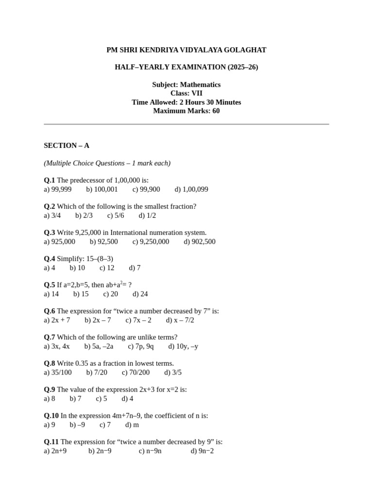 Class 7 - Sample Paper - Math - Half Yearly | PDF | Arithmetic | Mathematics