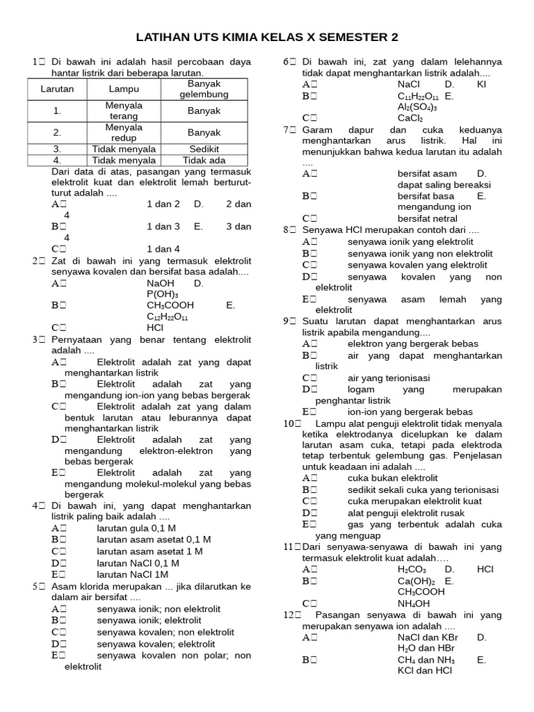 Latihan Uts Kimia Kelas X Semester 2 | PDF