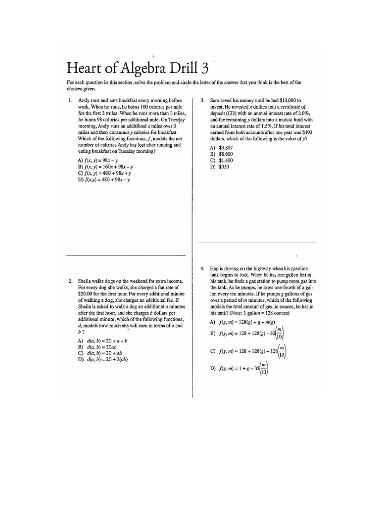 SAT Heart of Algebra Practice Test 3 | PDF