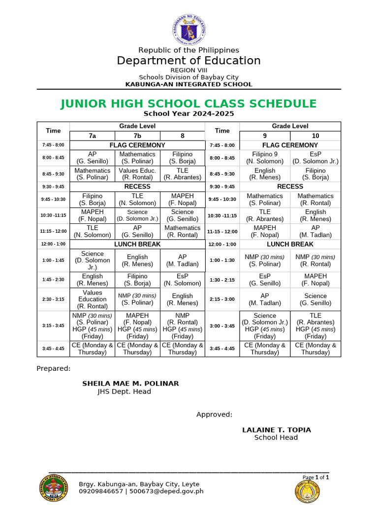 S.Y. 24 25 Jhs Class Schedule | PDF | Southeast Asia | Asia