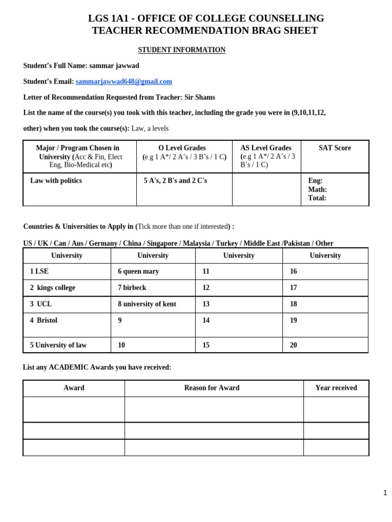 Teacher Brag Sheet Template | PDF | Teachers | Cognition