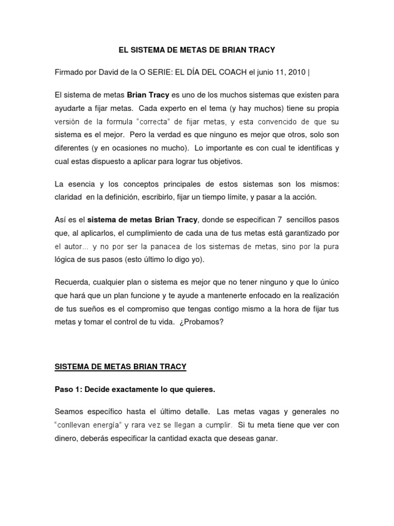 Sistema de metas Brian Tracy: 7 pasos sencillos para alcanzar tus objetivos | PDF | Mente ...
