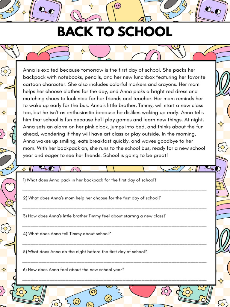Back To School Reading Comprehension in Illustrative Style | PDF