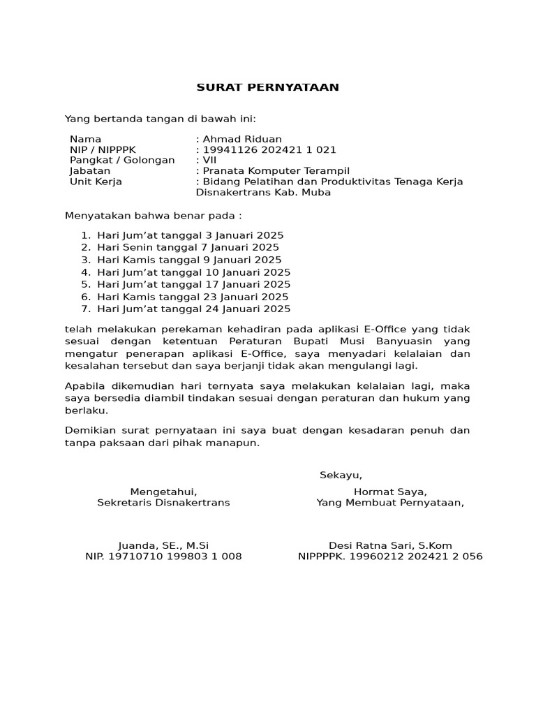SURAT PERNYATAAN DINAS DALAM Ahmad Riduan (Recovered) (Recovered) | PDF