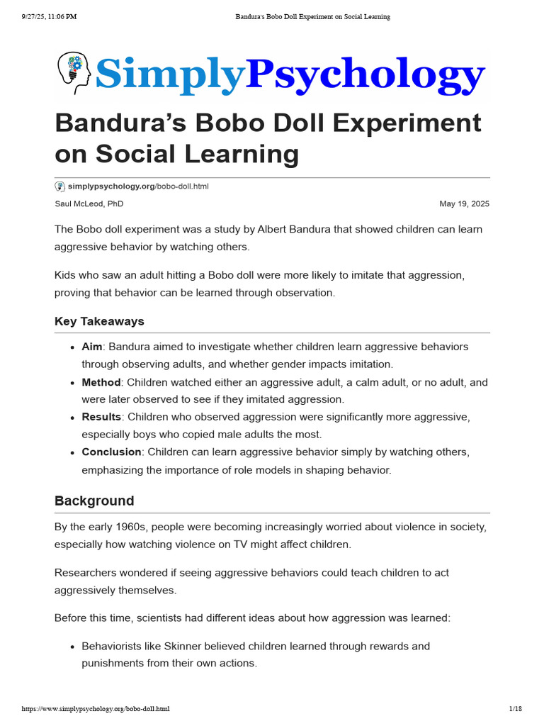 Bandura's Bobo Doll Experiment On Social Learning | PDF | Psychology ...
