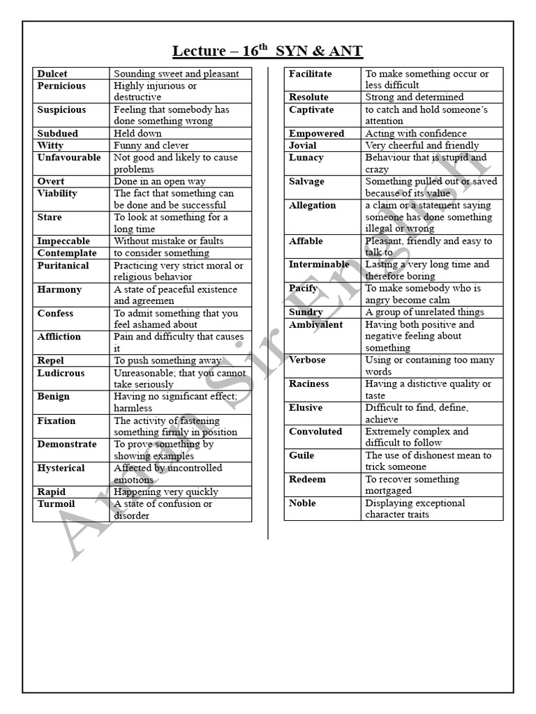 Vocabulary: Synonyms & Antonyms Guide | PDF | Psychology ...
