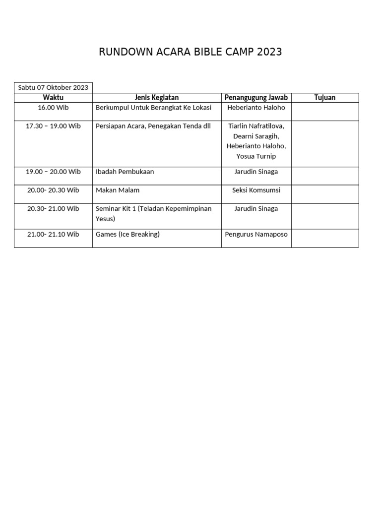 Rundown Acara Bible Camp 2023 | PDF