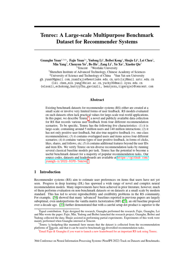 NeurIPS 2022 Tenrec A Large Scale Multipurpose Benchmark Dataset For ...