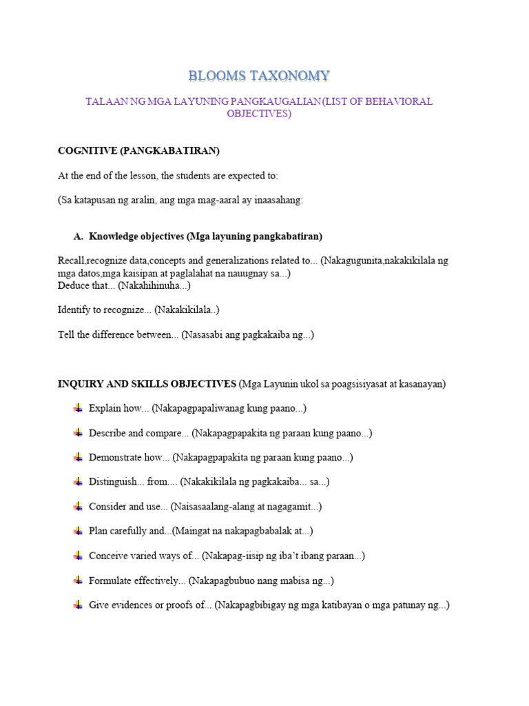Blooms Taxonomy Tagalog | PDF