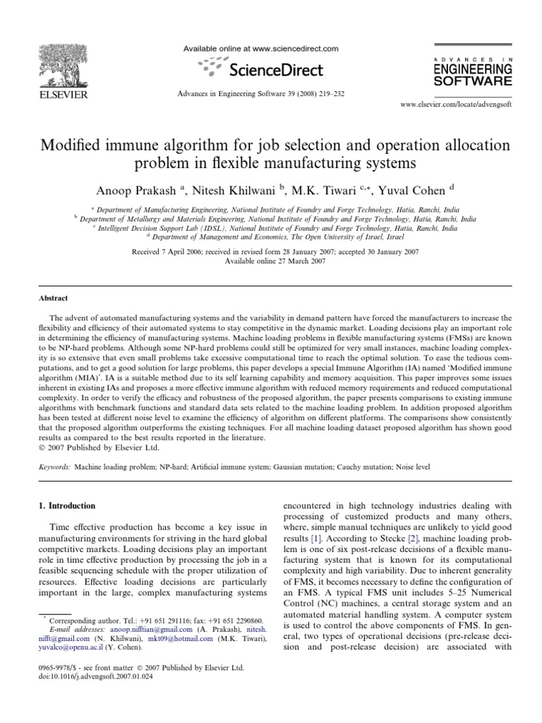 Modified Immune Algorithm For Job Selection and Operation Allocation Problem in Exible ...