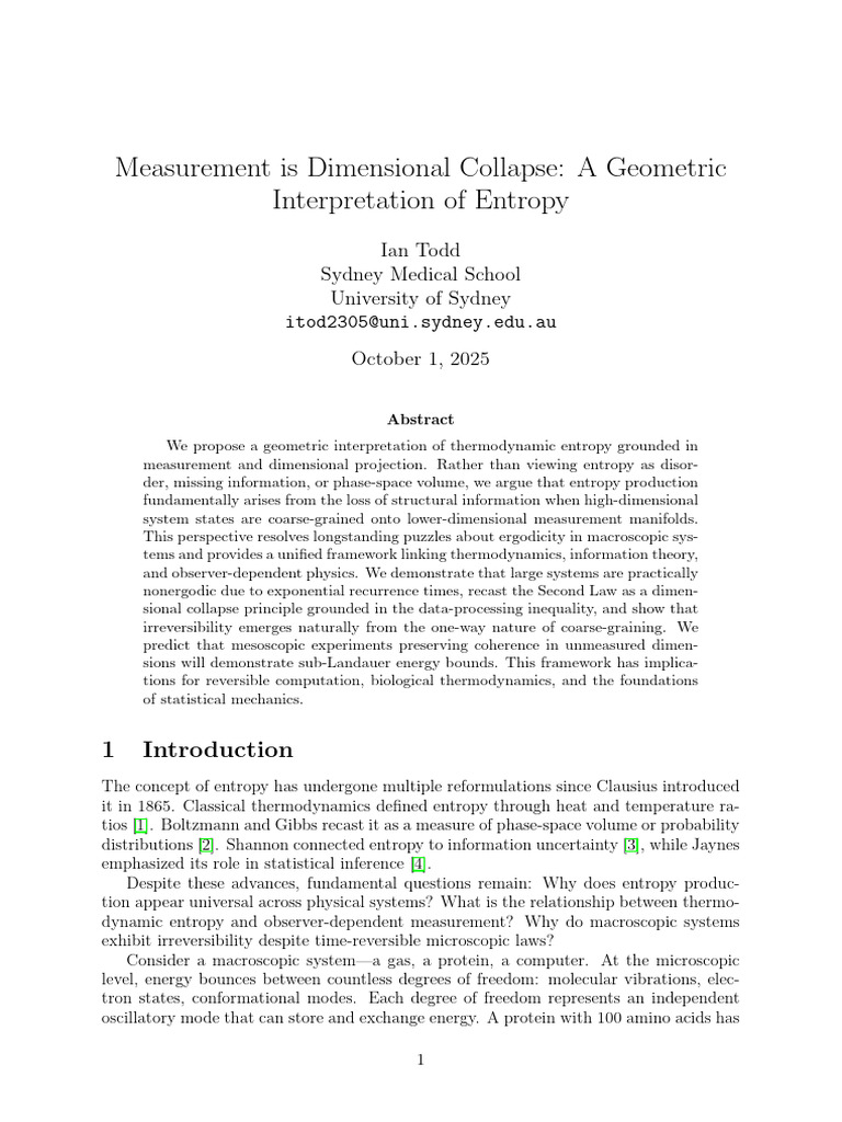 Measurement Is Dimensional Collapse: A Geometric Interpretation of Entropy | PDF | Entropy ...