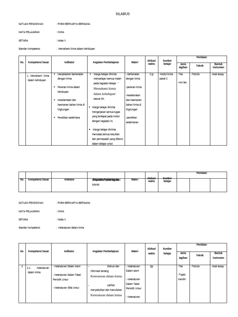 Silabus Kimia Kelas X PKBM | PDF