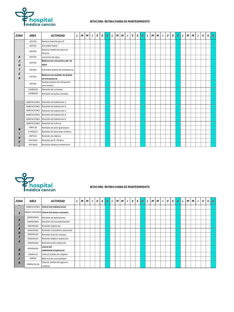 Rutina Diaria de Mantenimiento Hospitalario | PDF