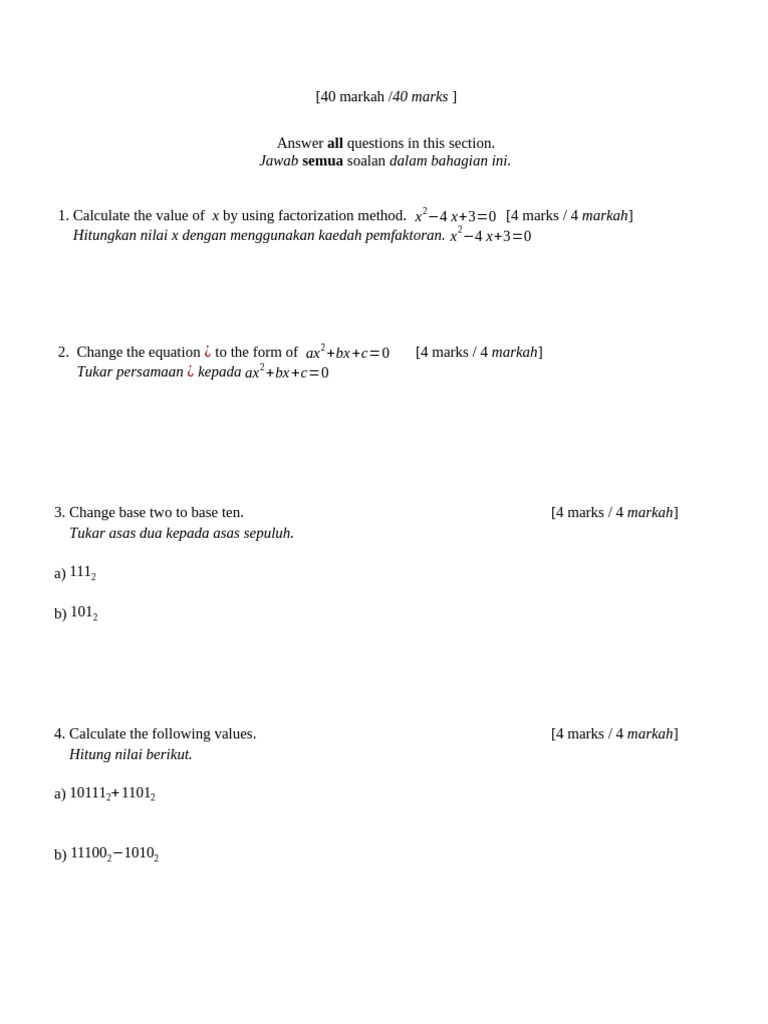Pat Math f4 Section A KSSM 2020 | PDF
