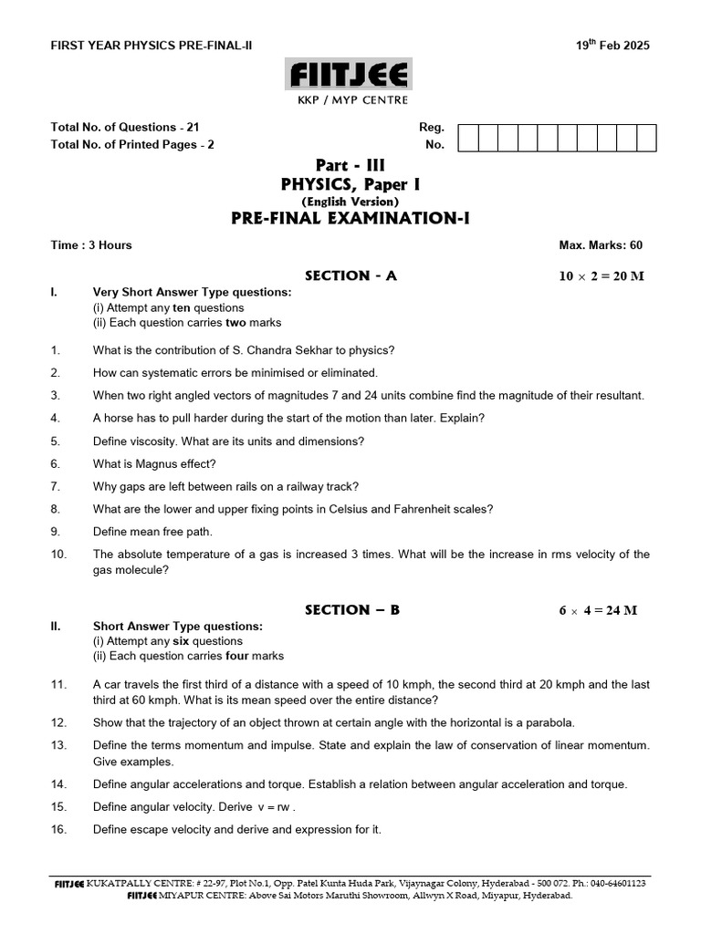 FIRST YEAR PHYSICS-PF-II EXDT-19-02-2025 | PDF | Momentum | Acceleration