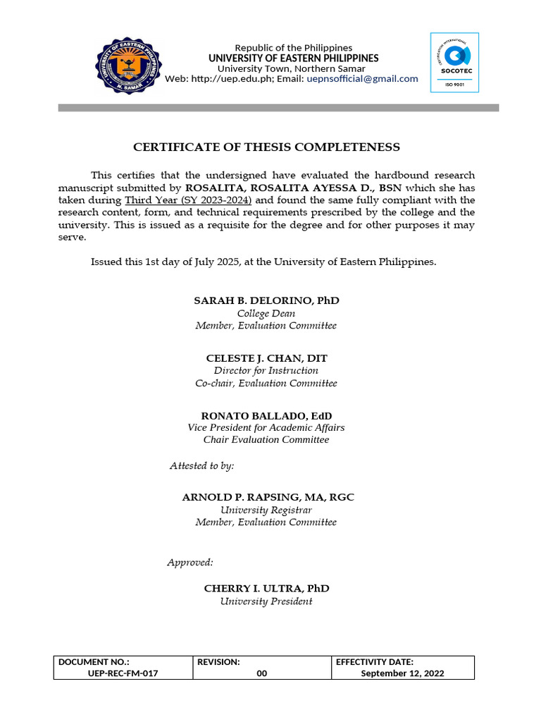 Thesis Completeness Certificate UEP | PDF
