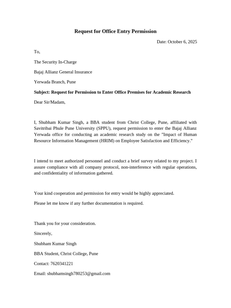 Office Entry Permission Request for Research | PDF