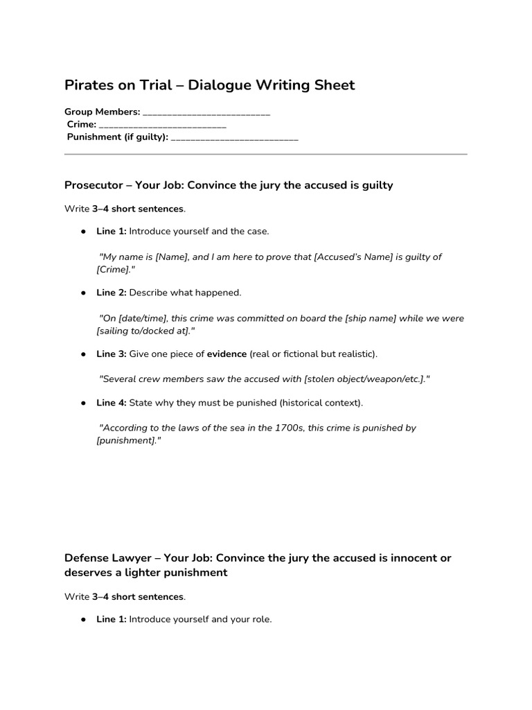 Pirates On Trial - Dialogue Writing Sheet | PDF