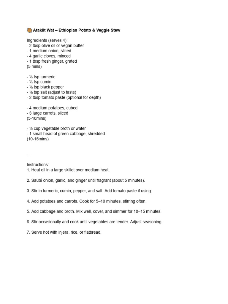 ? Atakilt Wat - Ethiopian Potato & Veggie Stew | PDF