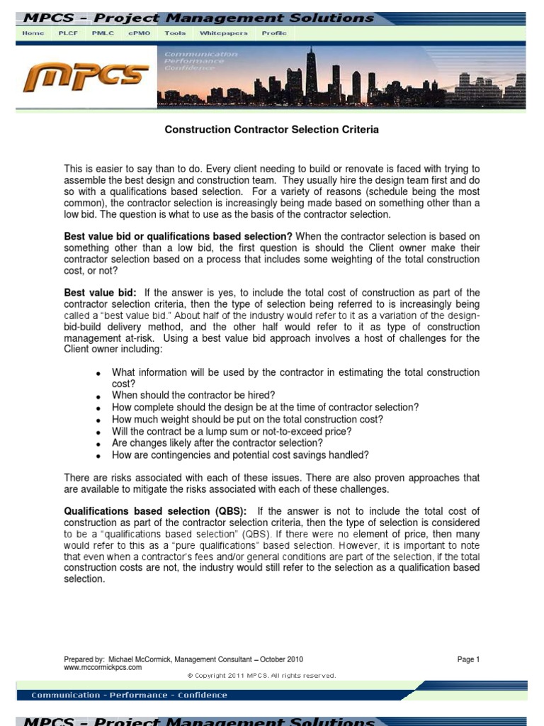 Contractor Selection Criteria Guide | PDF | General Contractor | Architect
