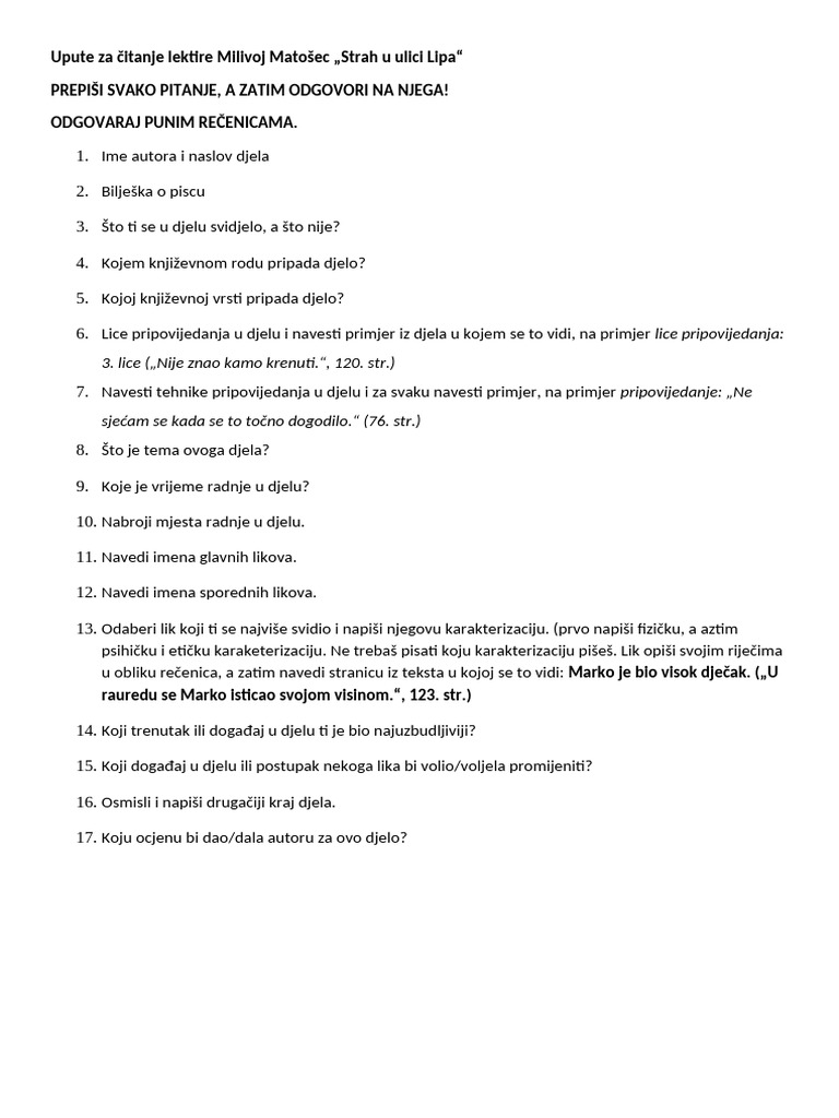 Upute Za Lektiru Strah U Ulici Lipa Za 5b | PDF