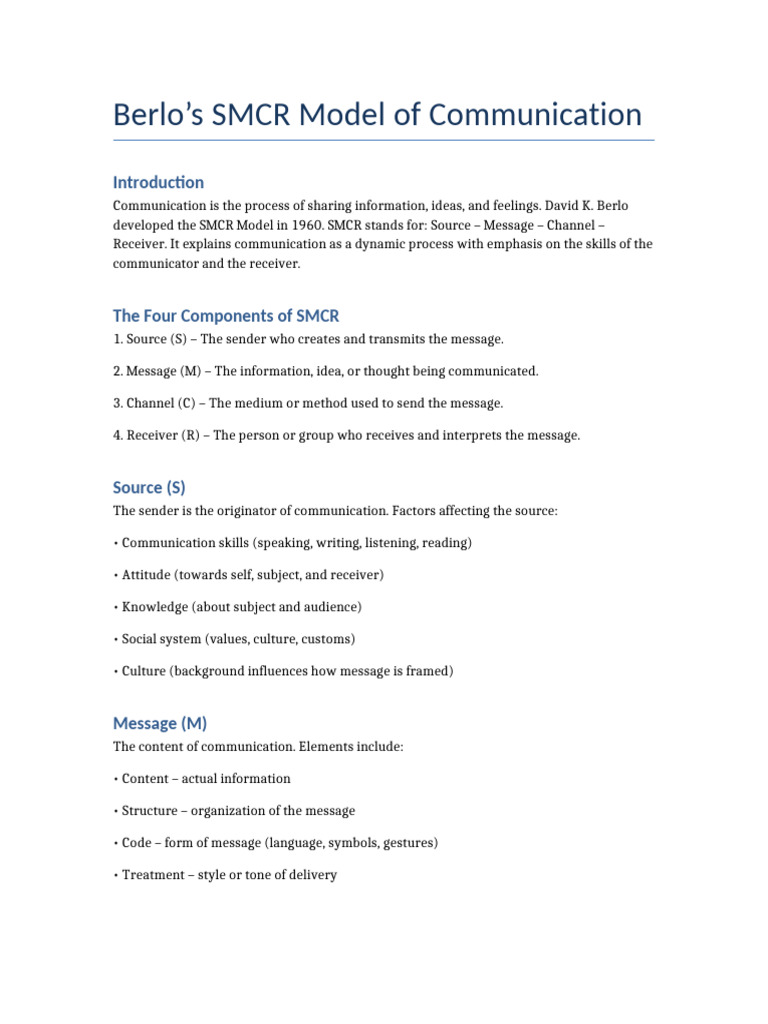 Berlos SMCR Model Presentation | PDF | Communication | Human Communication