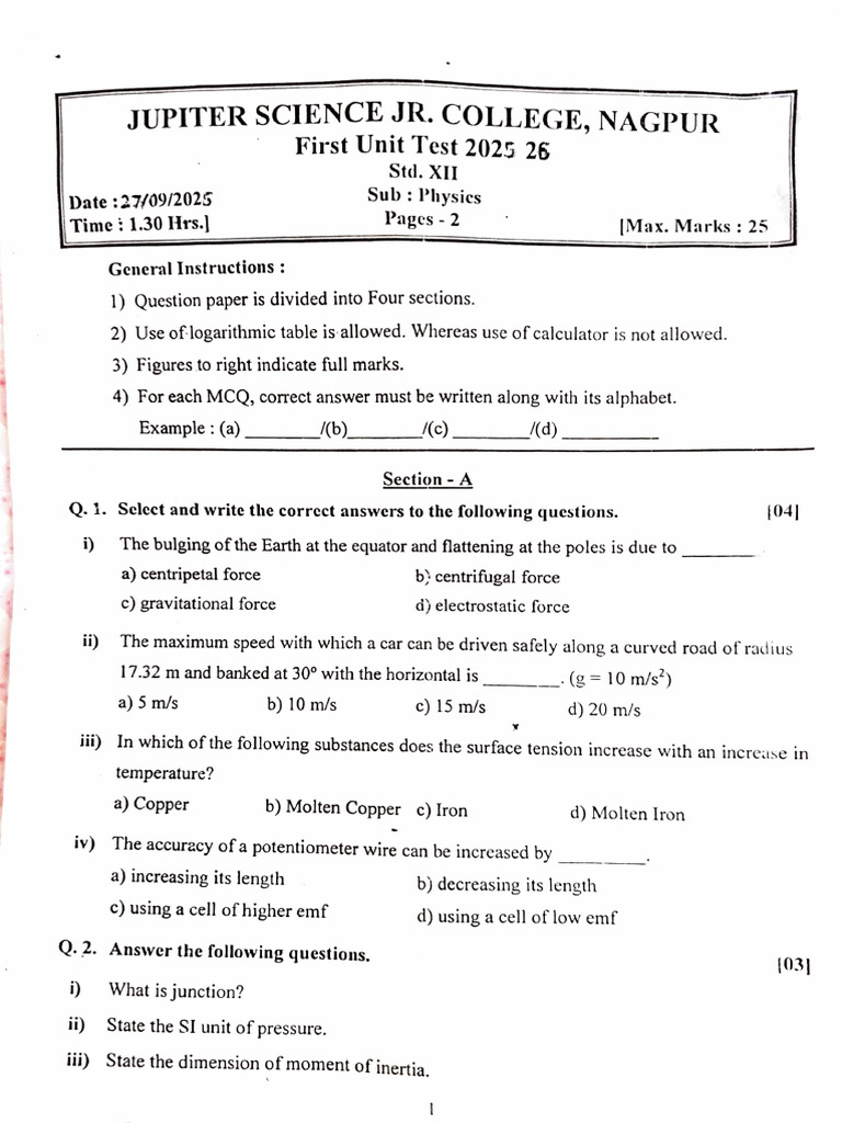 First Unit Test Subject-PHYSICS | PDF | Surface Tension | Force