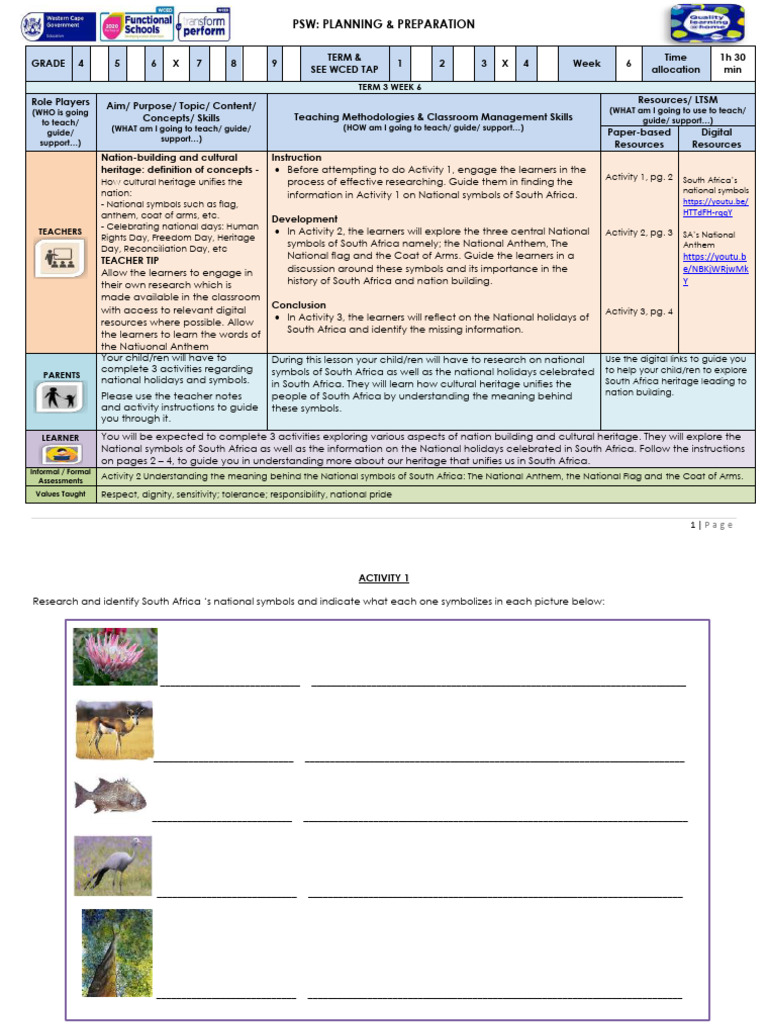 Lesson Plan Gr. 6 Life Skills PSW Term 3 Week 6 | PDF | Learning