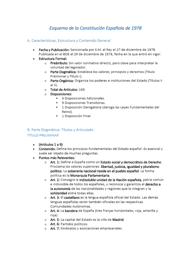 Esquema de La Constitución Española de 1978 | PDF | Cortes Generales ...
