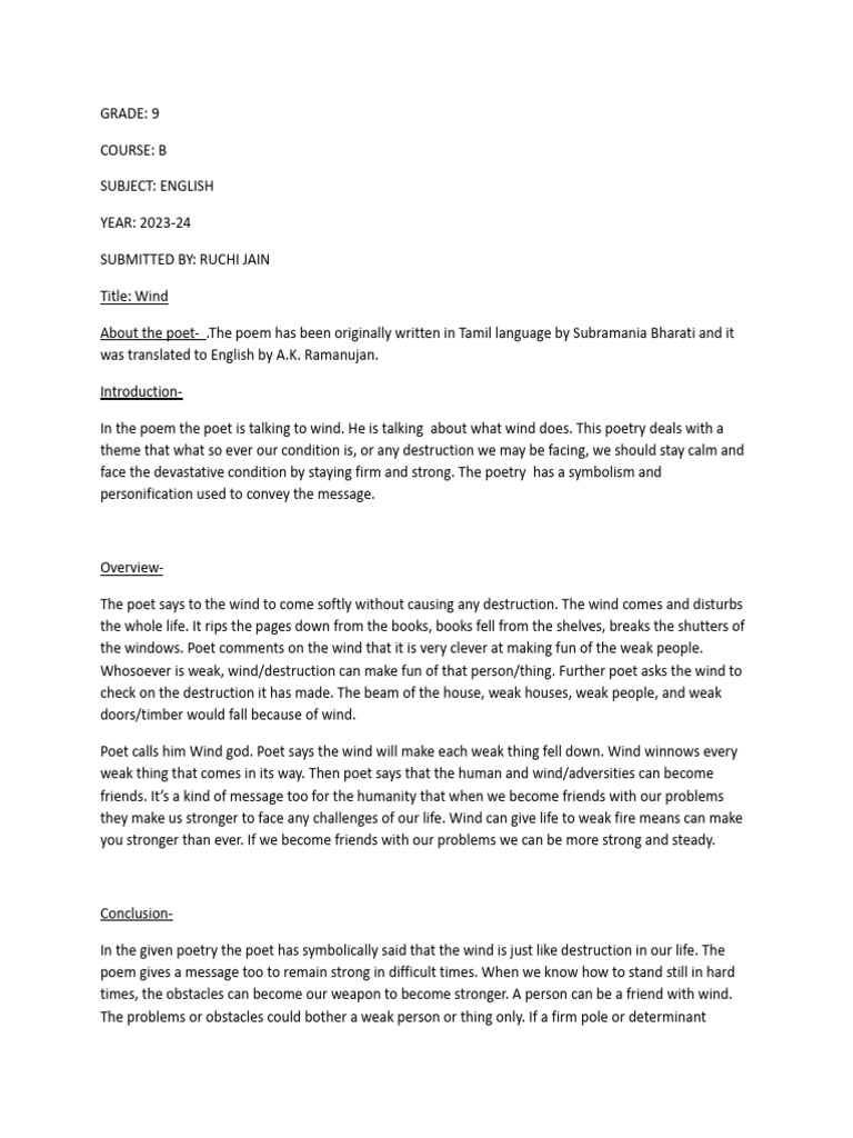 Understanding the Poem "Wind" by Bharati | PDF