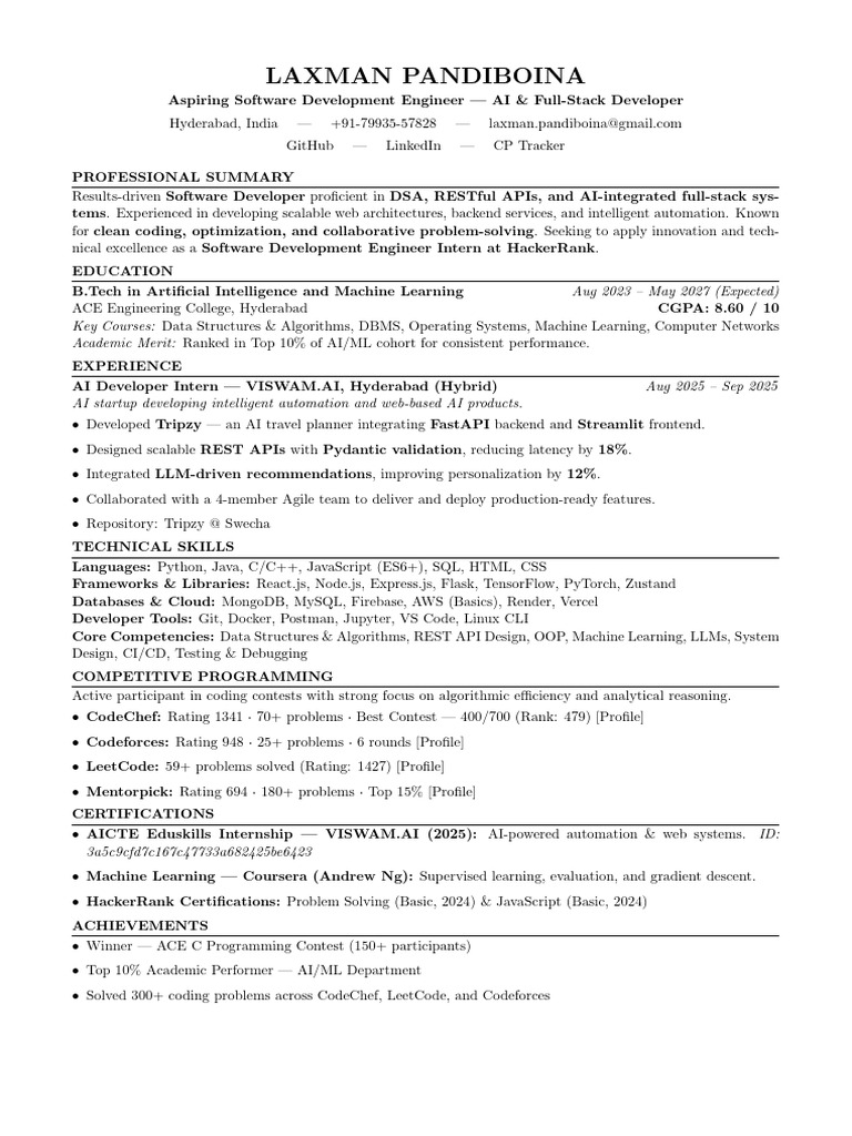 Laxman Pandiboina SDE Intern HackerRank PDF (1) | PDF | Artificial ...