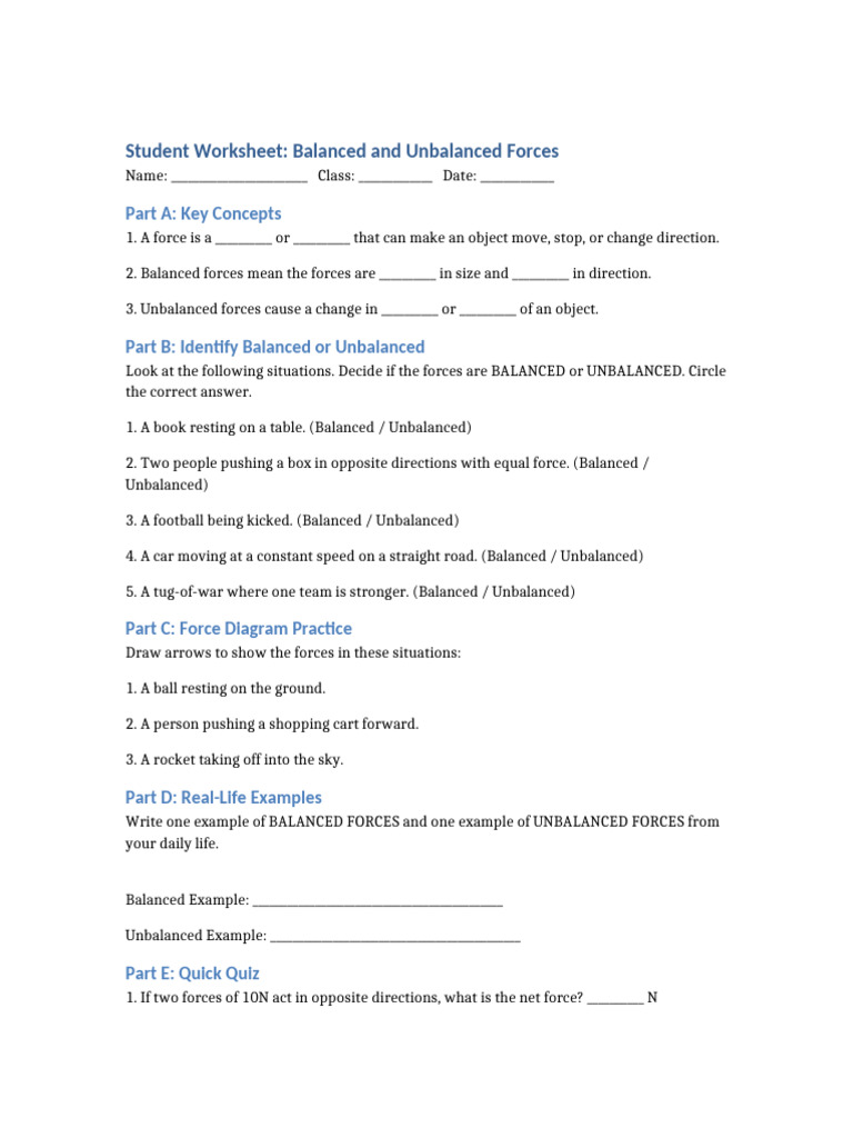 Worksheet Balanced Unbalanced Forces | PDF