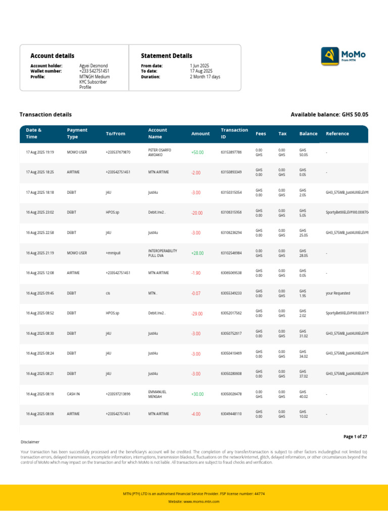 MoMo Statement | PDF | Debit Card | Cash
