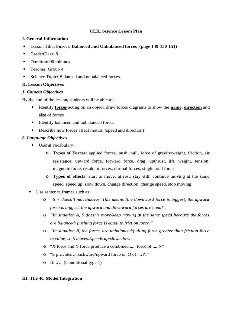 CLIL Lesson Plan: Balanced and Unbalanced Forces | PDF | Force | Weight