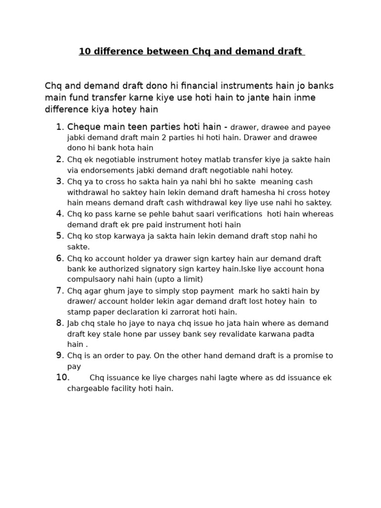Differences Between Cheque and Demand Draft | PDF