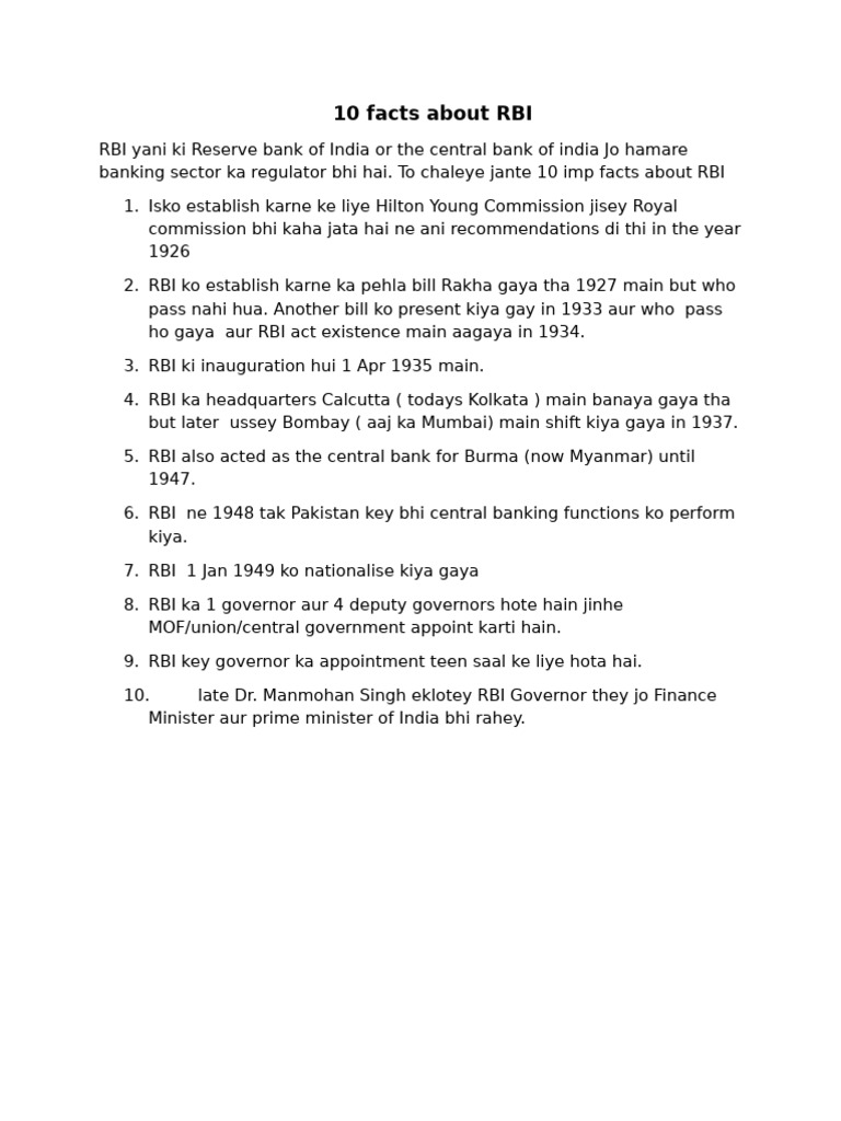 10 Key Facts About RBI | PDF