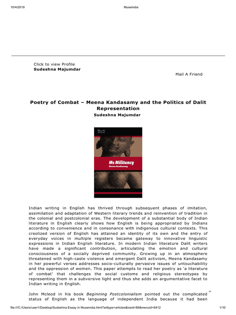 Poetry of Combat Meena Kandasamy and The | PDF | Dalit