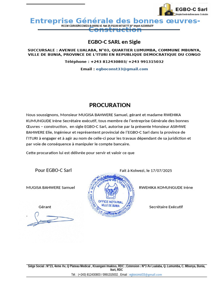 Procuration pour EGBO-C Sarl en Ituri | PDF