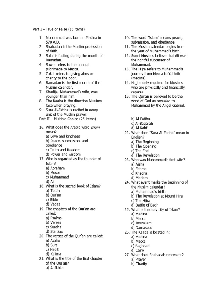 Islamic Knowledge Quiz: True/False & MCQ | PDF | Muhammad | Quran
