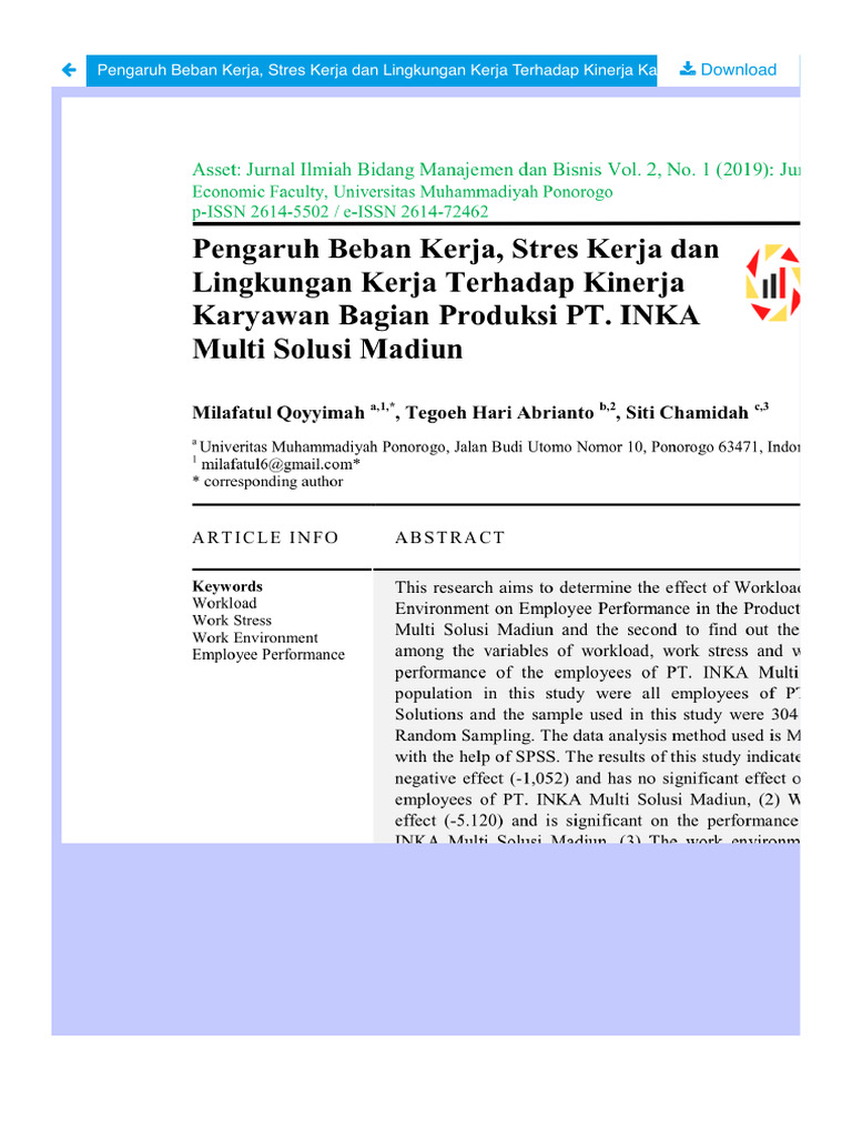 Pengaruh Beban Kerja, Stres Kerja Dan Lingkungan Kerja Terhadap Kinerja Karyawan Bagian P | PDF